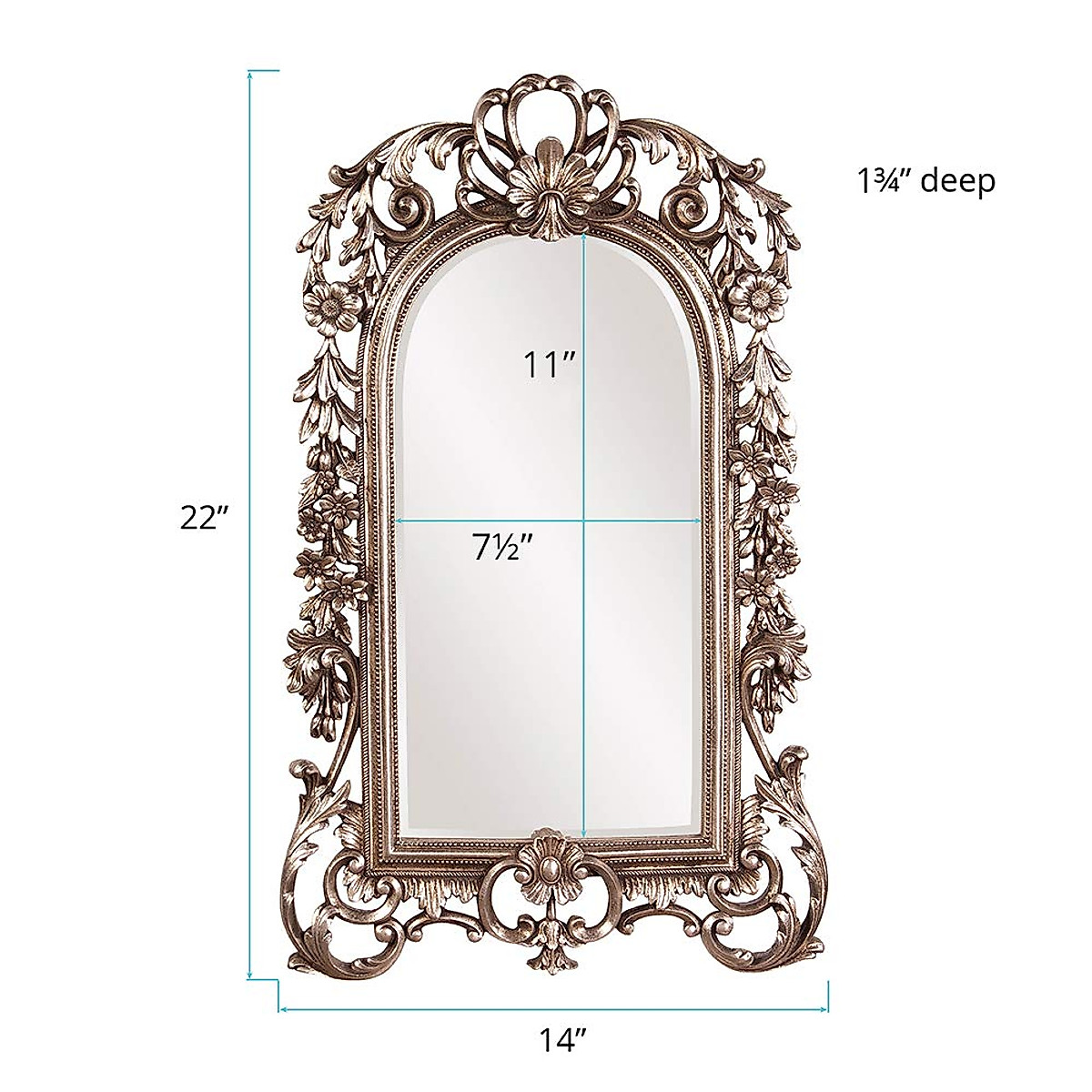 Howard Elliott Sherwood Hanging Antique Accent Wall Mounted Mirror, Ornate Arched Mirror with Bevelled Edges and Silver Resin Frame, Arch Shape Mirror for Home, Living Room, Entryway, 14 x 22 Inch