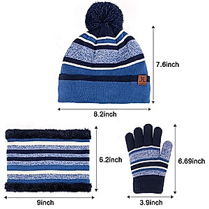 Fancosni Winter Gloves Beanie and Hat for Kids Set, Toddler Winter Hat for Children Boys and Girls 2 3 4 5 6 Age, Scarf Neck Warmer, Touch Screen Gloves Beanie Cap for Cold Winter, 3pcs Blue