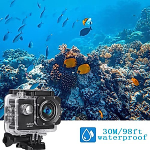 Jadfezy Action Camera FHD 1080P 12MP, 98FT/30M Underwater Waterproof Camera with 2 Batteries, Wide Angle Sports Camera with Accessories Kit Suitable for Helmet, Bicycle, etc. (FHD 1080P)