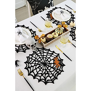 Feuille Round Halloween Placemats Set of 4 13.5 Inch Black Spider Web Placemats with Orange Glitter Felt Spider Placemats Perfect for Halloween Decorations Indoor