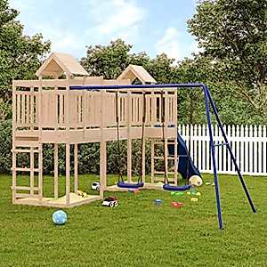 GOLINPEILO Outdoor Playset Solid Wood Pine,Garden Play Set with 1 Play Towers with Bridge,1 Wave Slide,1 Double Swing Set,Modern Outdoor Backyard Children's Climbing Wood Playground Playset,-4555