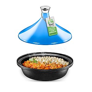 NutriChef Cast Iron Moroccan Tagine - 11.6 Inch Tajine Cooking Pot with Stainless Steel Knob, Enameled Base, Cone-Shaped Enameled Lid - Oven and Dishwasher safe - 2.75 Quart, Blue