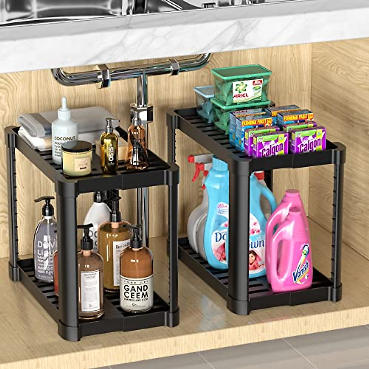 2 Pack Under Sink Organizers and Storage, 2 Tier Expandable Under Bathroom Cabinet Basket Storage Rack, Multi-purpose Storage Shelf for Bathroom Kitchen