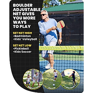 BOULDER Sports Pickleball Paddles & Badminton Set for Backyard - Includes 4 Rackets, 2 Pickleball Paddles, 3 Shuttlecocks, 2 Pickleballs & 2 Travel Bags - Easy Setup Volleyball & Racket Sports Net