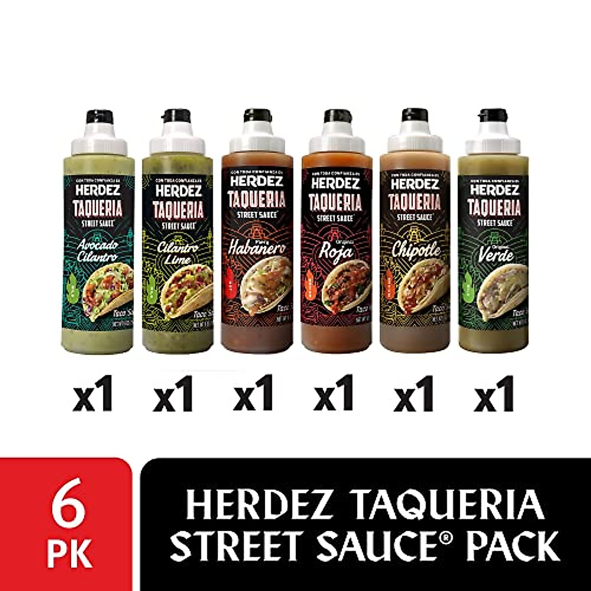 HERDEZ TAQUERIA STREET SAUCE Variety Pack, Habanero, Verde, Roja, Chipotle, Avocado Cilantro, Cilantro Lime, 9 oz Bottles (6 Pack)