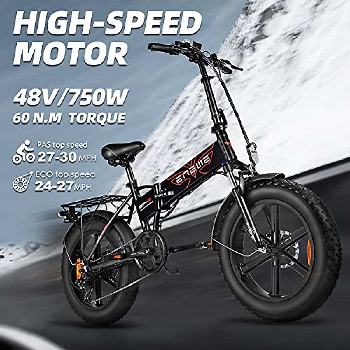 ENGWE 750W Folding Electric Bike for Adults 20" 4.0 Fat Tire Mountain Beach Snow Bicycles Aluminum Electric Scooter 7 Speed Gear E-Bike with Detachable Lithium Battery 48V12.8A Up to 28MPH (Gray)