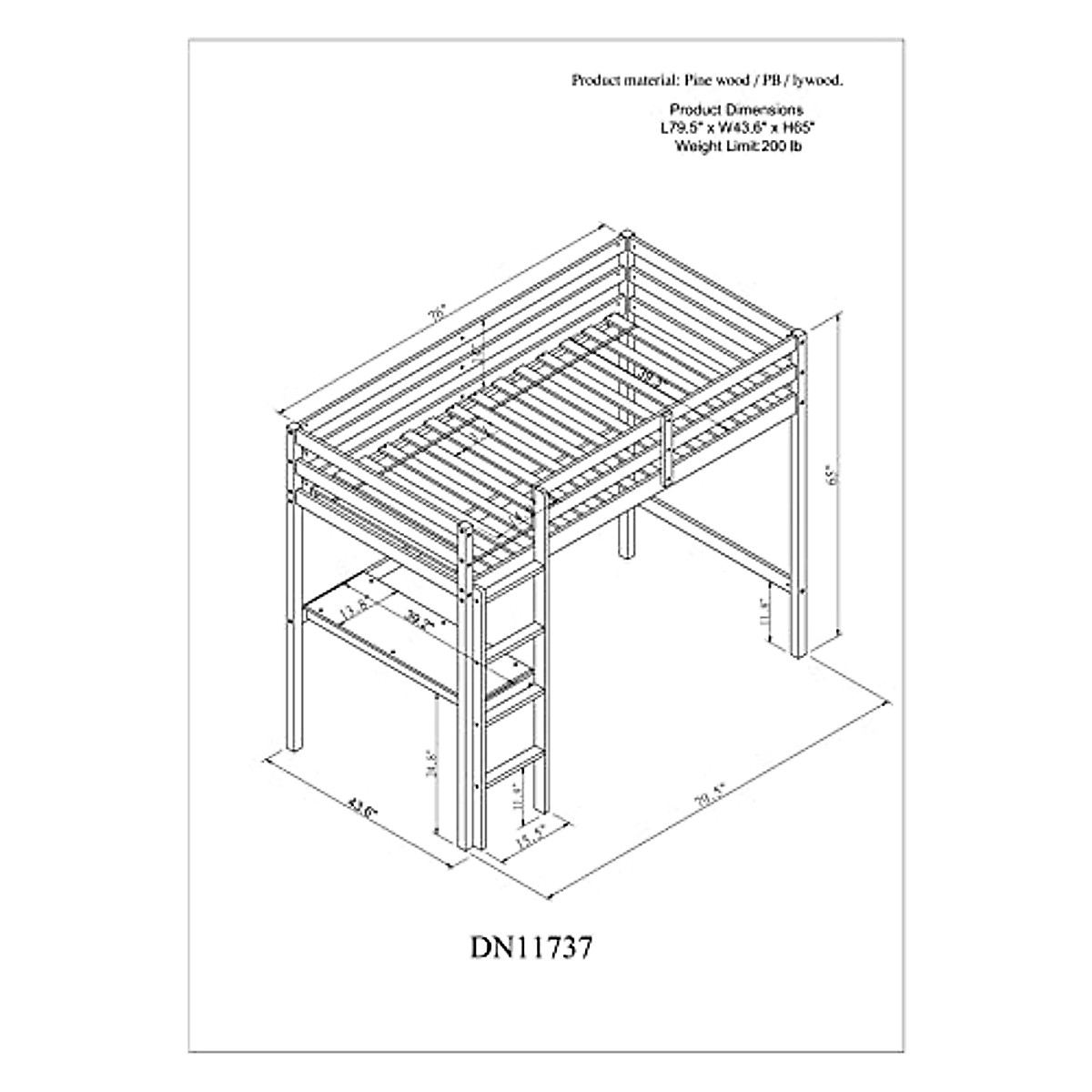 HomSof Twin Loft Bed with Built-in Desk,White