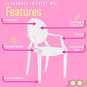 JOON 2 Pack Kids Ghost Chairs with Armrest Transparent, 25x13x14.5 Inches, Polycarbonate Material, 12.75” Seat Height, Stackable, for Toddler Parties, Playroom, Daycare, Home (Transparent Clear)