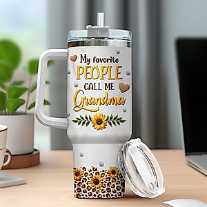 99WHALE Nana Tumblers Handle Heart Daisy Cup Cups Coffee Print Black For Granny, Grandma Gifts, Tumbler 40 Oz With Handle Lid And Straw, Grandma Carving Rainbow Leopard Sunflower