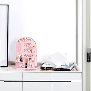 ProCase Cute Jewelry Organizer Stand Earring Holder Organizer for Dorm, Aesthetic Necklace Stand with 6 Removable Wood Hooks, Small Jewelry Display Rack with Bottom Tray for Bracelets Rings -Pink