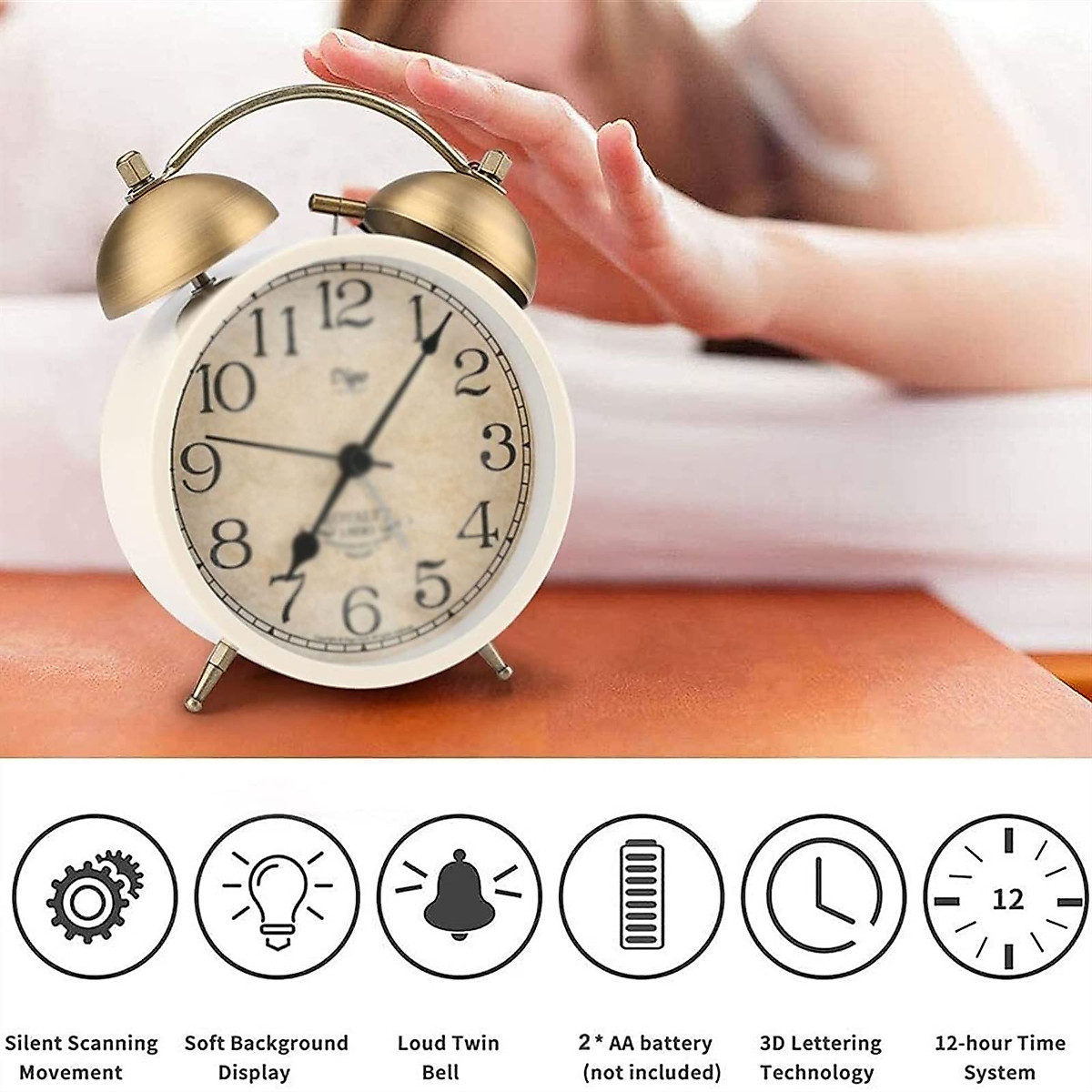 GRFIT Alarm Clock Twin Bell Alarm Clock Loud Alarm Clocks for Heavy Sleepers Non-Ticking Desktop Clock Home Decor Alarm Clock Clocks for Bedside