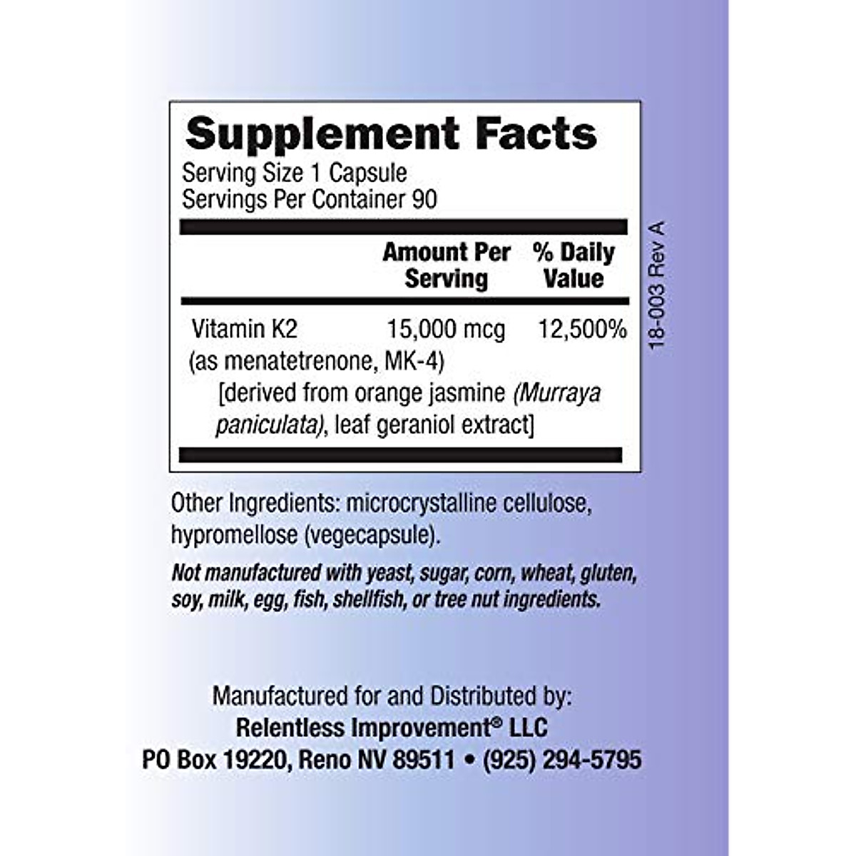 Relentless Improvement Vitamin K2 Mk4 Vegan Naturally-Derived 90 vegicapsules