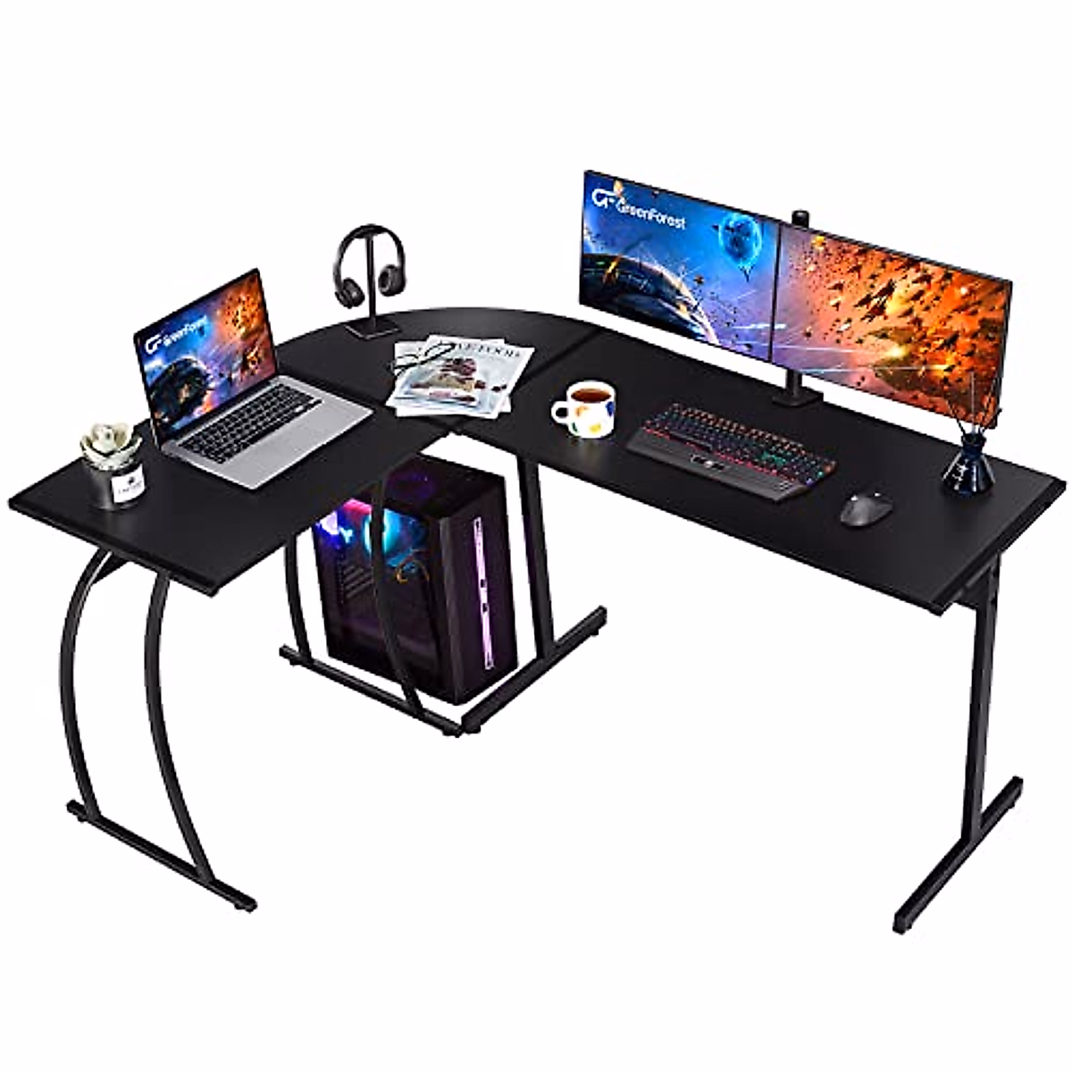 GreenForest L Shaped Gaming Desk 58.1 inch Home Corner Office Desk Writing Studying Computer Table PC Workstation for Home Office Bedroom, Black