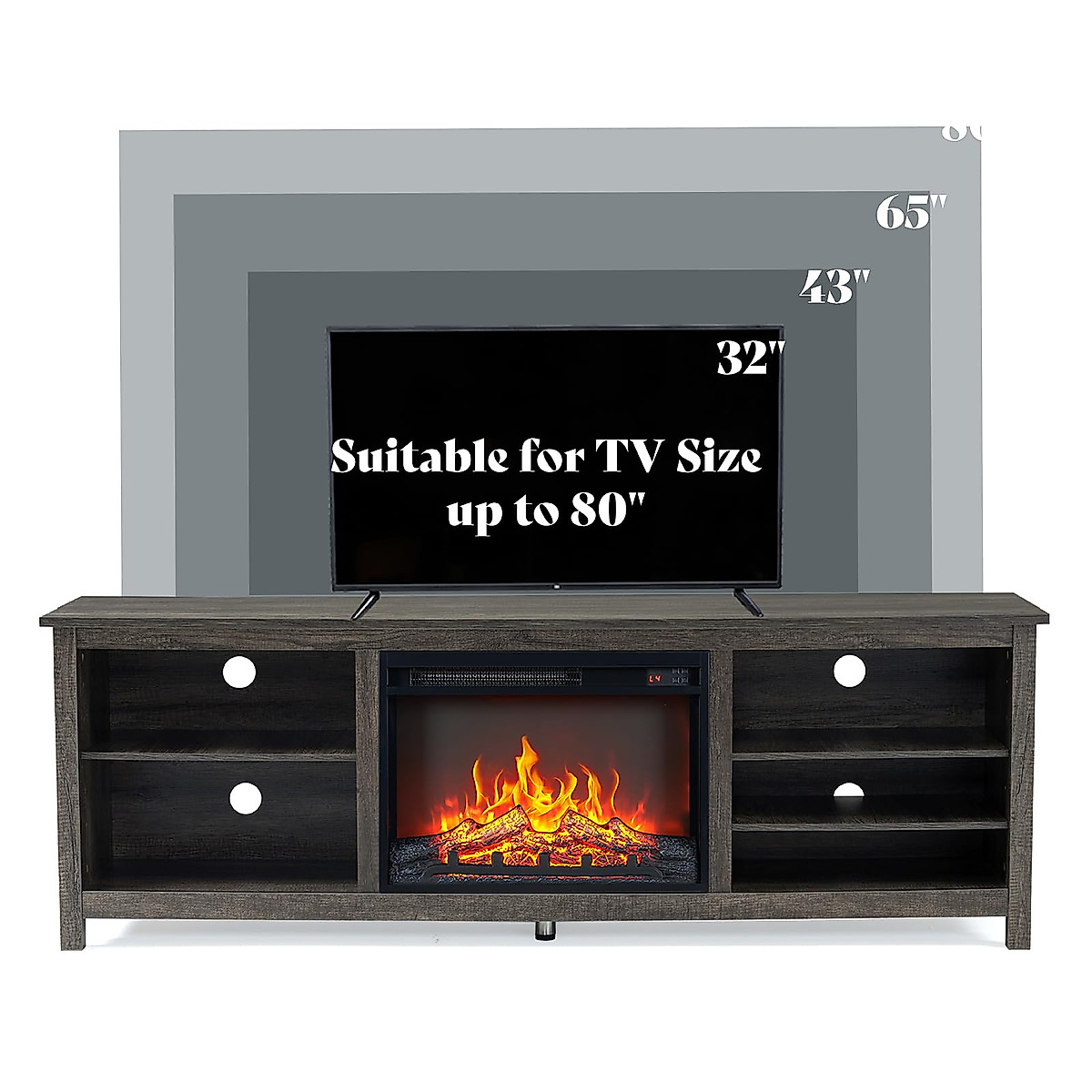 AMERLIFE Fireplace TV Stand, Wood Texture Entertainment Center with 23" Electric Fireplace, Farmhouse Entertainment Stand Media TV Console for TVs Up to 80", 70 inches, Rustic Grey