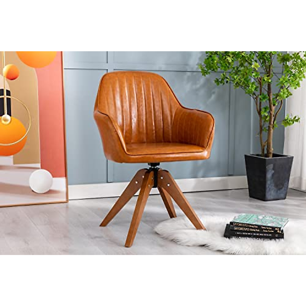 Porthos Home Oran Dining Chair, 360-degree Swivel Seat, Upholstered in Water and Stain Resistant PU Leather, Sturdy Beech Wood Legs, Bucket Chair Style with High Armrests