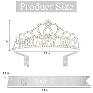 KICOSY Birthday Crown and Sashes for Women Princess Tiara Headband Elegant Sliver Crown for Girls Birthday Headpieces Hair Accessories Rhinestone Decoration Gifts Aurora Borealis Crystal Tiaras