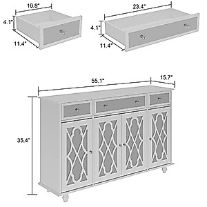 Homsee Buffet Sideboard Storage Cabinet with Mirror Doors, 3 Drawers & 6 Storage Compartments, Kitchen Cupboard Console Table for Hallway and Living Room, White (55.1”L x 15.7”W x 35.4”H)