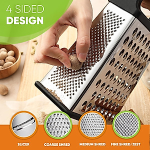 Professional Box Grater, Stainless Steel with 4 Sides, Best for Parmesan Cheese, Vegetables, Ginger, XL Size, Black