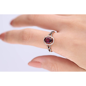 Gin & Grace 10K Rose Gold Purplish Pink Natural Garnet Real Diamond Ring (I1) Daily Work Wear Jewelry for Women Gifts for Her