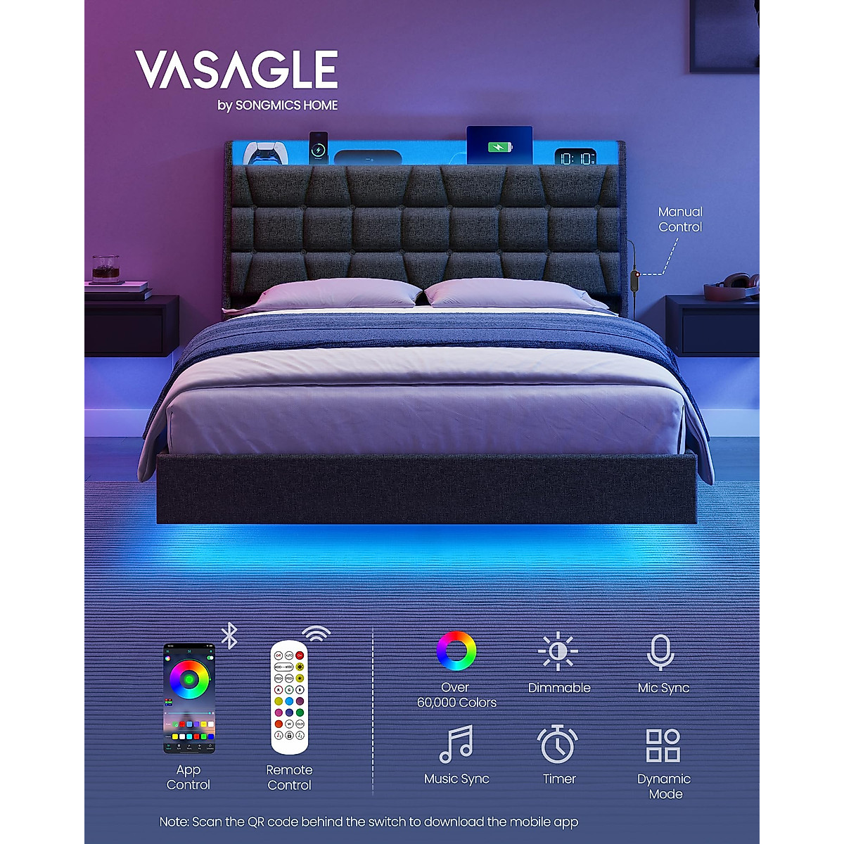 VASAGLE Full Size Floating Bed Frame with LED Lights, Full Bed Frame with Charging Station, Tufted Storage Headboard, Upholstered Platform Bed Frame, No Box Spring Needed, Dark Gray URMB852G71