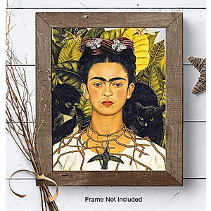 Poster - 8x10 Mexican Art Wall Decor Picture Print for Bedroom, Living Room, Home, Apartment - Gift for Women, Woman Artist - Monkey, Cat, Hummingbird Self-Portrait Painting - Unframed