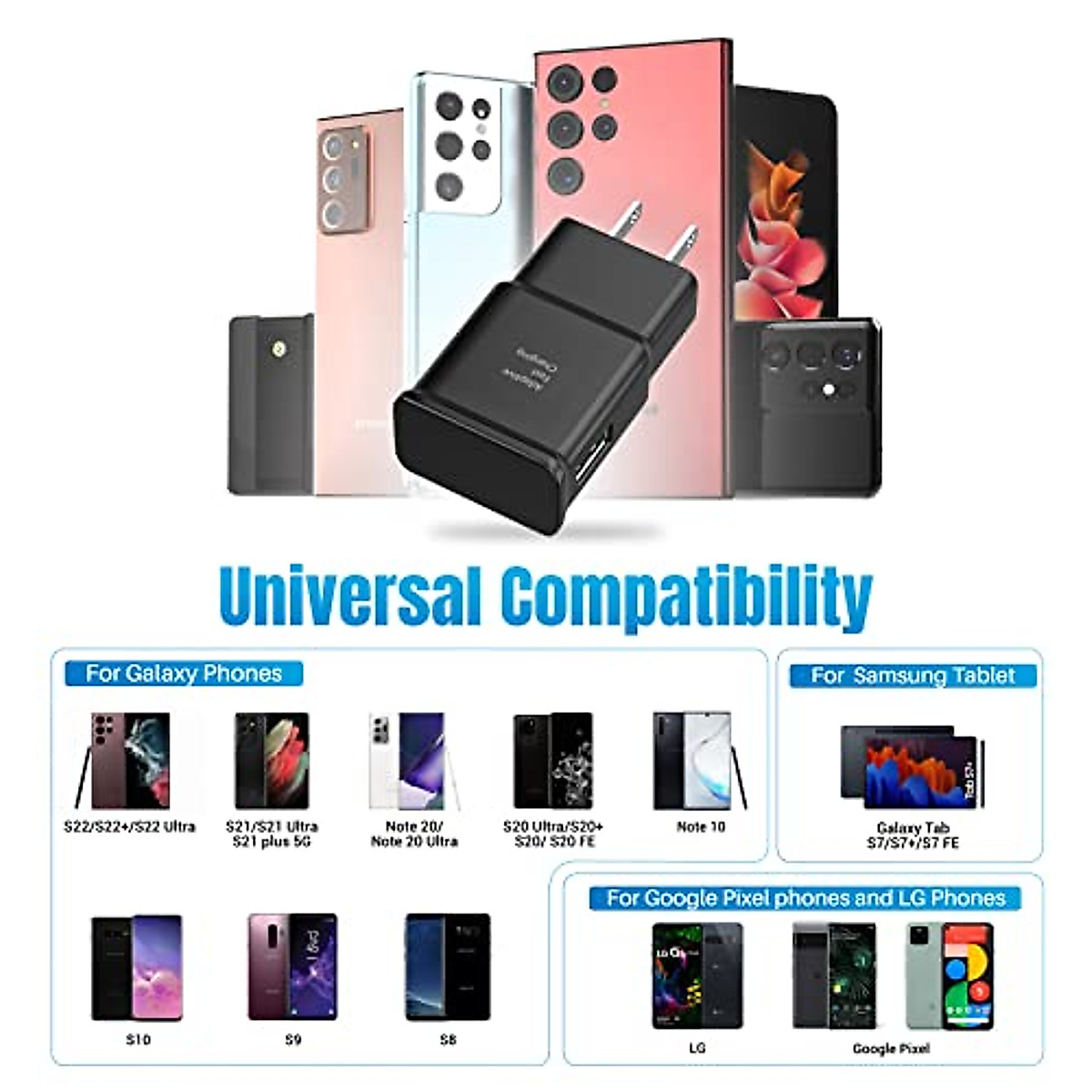 Adaptive Fast Charger Kit with USB Type C Cable 6.6ft Compatible with Samsung Galaxy S8/S9/S10/S10 Plus/S10E/ S20/S20 Plus/S21/S21 Ultra/S22/S22 Plus/S22 Ultra/Note 8/Note 9/Note 10/Note 20 2-Pack