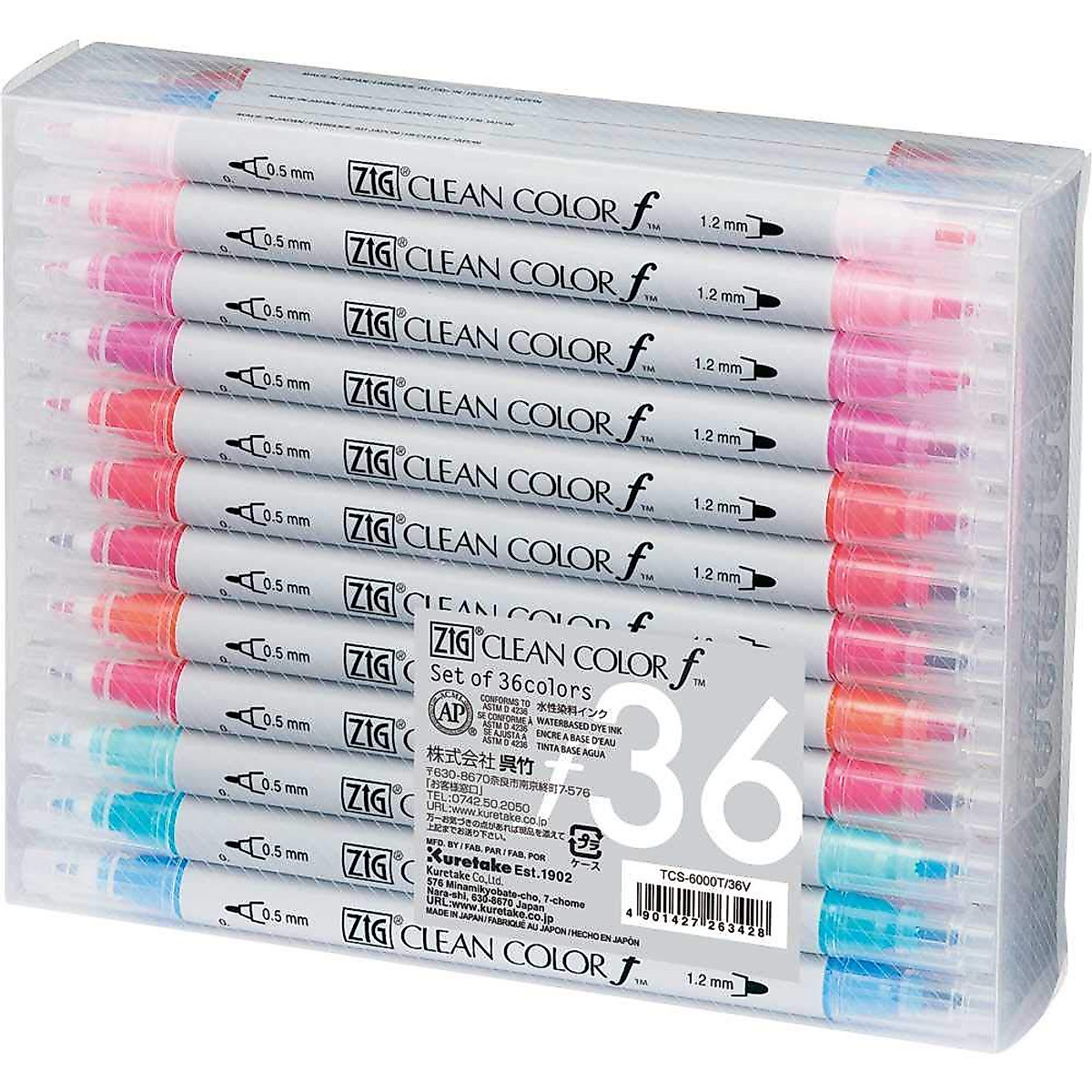 Kuretake ZIG CLEAN COLOR f 36 colors set, 0.5 mm & 1.2 mm, AP-Certified, Odourless, Xylene Free, Suitable for dark paper, Perfect for illustrating, sketching, designing and cartooning. Made in Japan