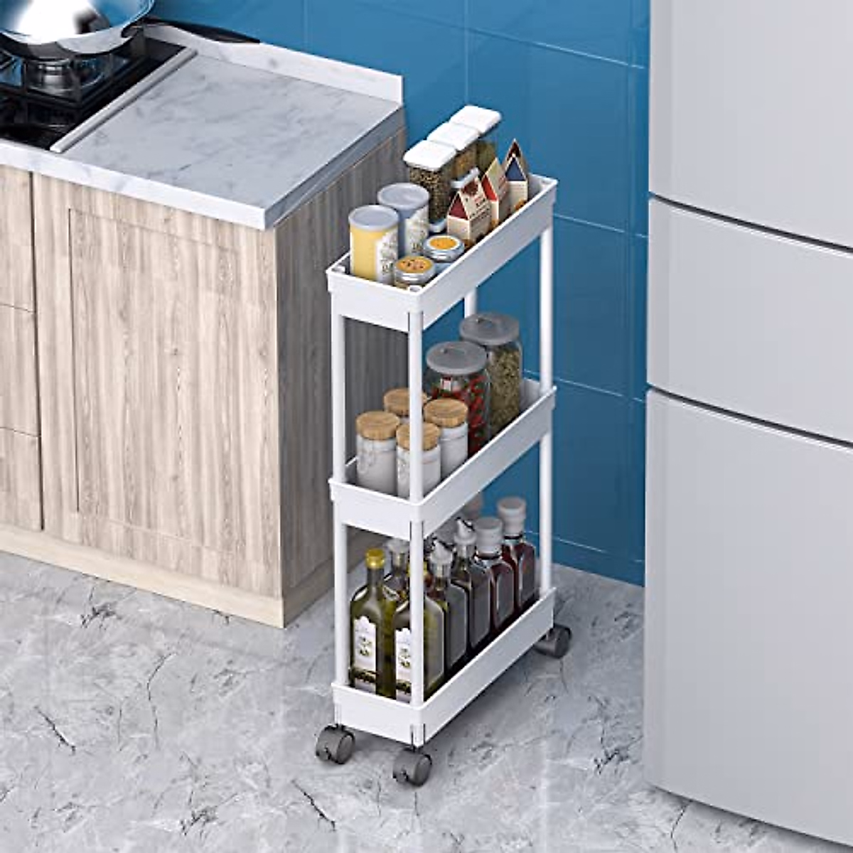 Sooyee 3 Tier Rolling Cart with Wheels,Slim Storage Cart,Narrow Storage Cabinet,Under Desk Storage,Rolling Utility Cart Storage Organizer for Office Bathroom Kitchen Laundry Room Narrow Places, White