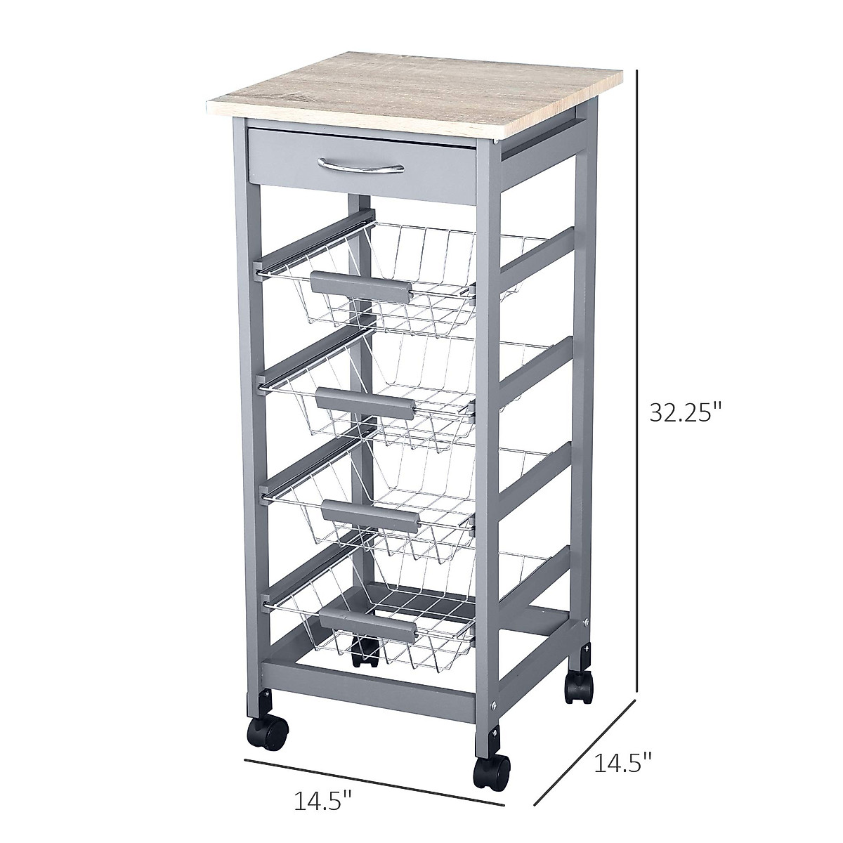 HOMCOM Mobile Kitchen Cart, Rolling Kitchen Island with Storage, Solid Wood Frame Utility Cart with Wire Fruit Baskets and Drawer, Gray