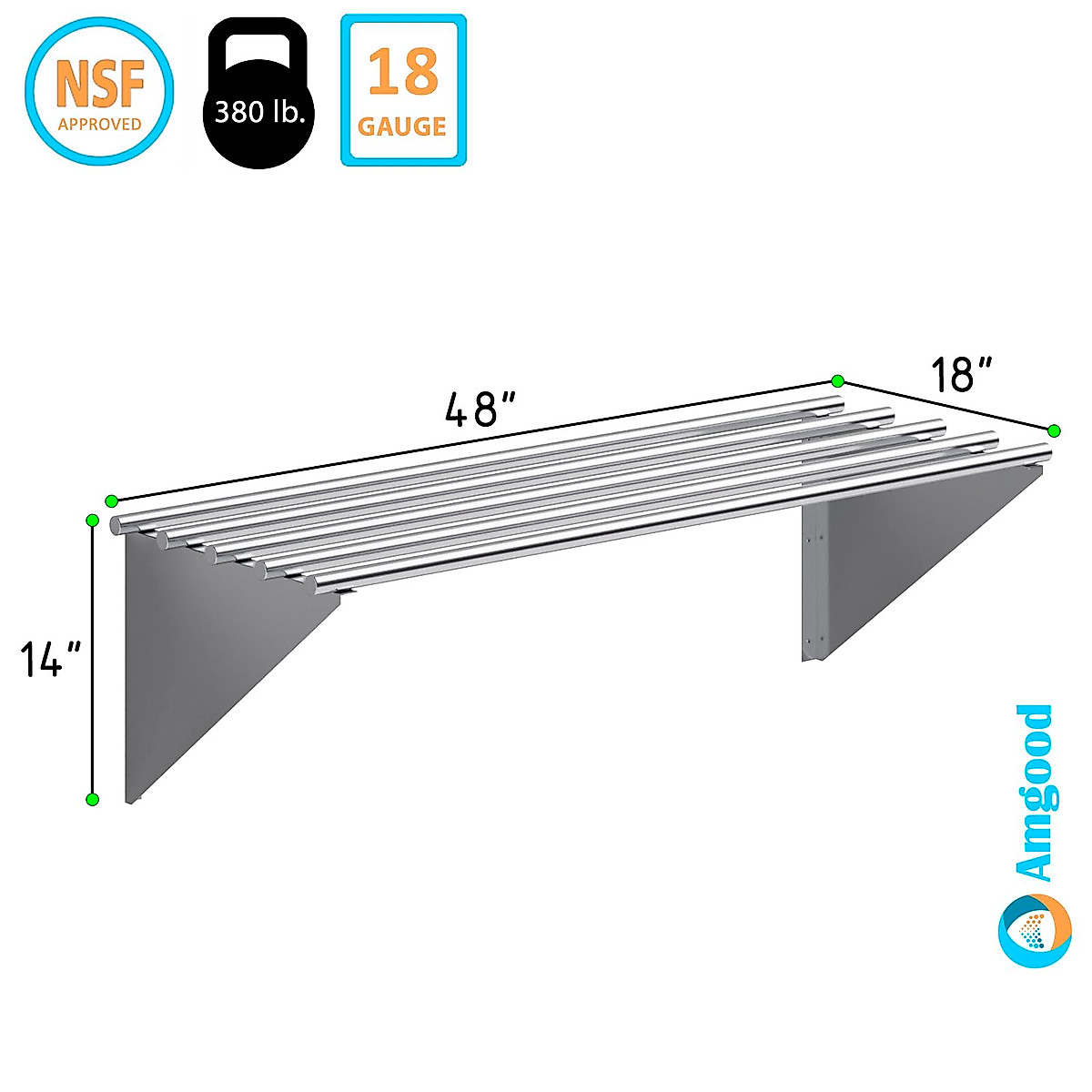 AmGood 48" Long X 18" Deep Stainless Steel Tubular Wall Shelf | NSF Certified | Appliance & Equipment Metal Shelving | Kitchen, Restaurant, Garage, Laundry, Utility Room