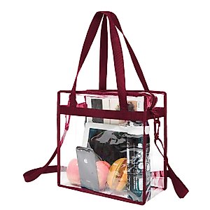 BAGAIL Clear bags Stadium Approved Clear Tote Bag with Zipper Closure Crossbody Messenger Shoulder Bag with Adjustable Strap(12 Inch X 12 Inch X 6 Inch,Burgundy)