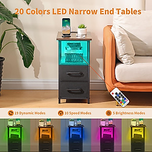 LAKEMID Narrow Side Table Set 2 with LED Light and USB C Port, Night Stand with Charging Station, Skinny End Table with 2 Fabric Drawers, for Bedroom, Living Room, Rustic Brown