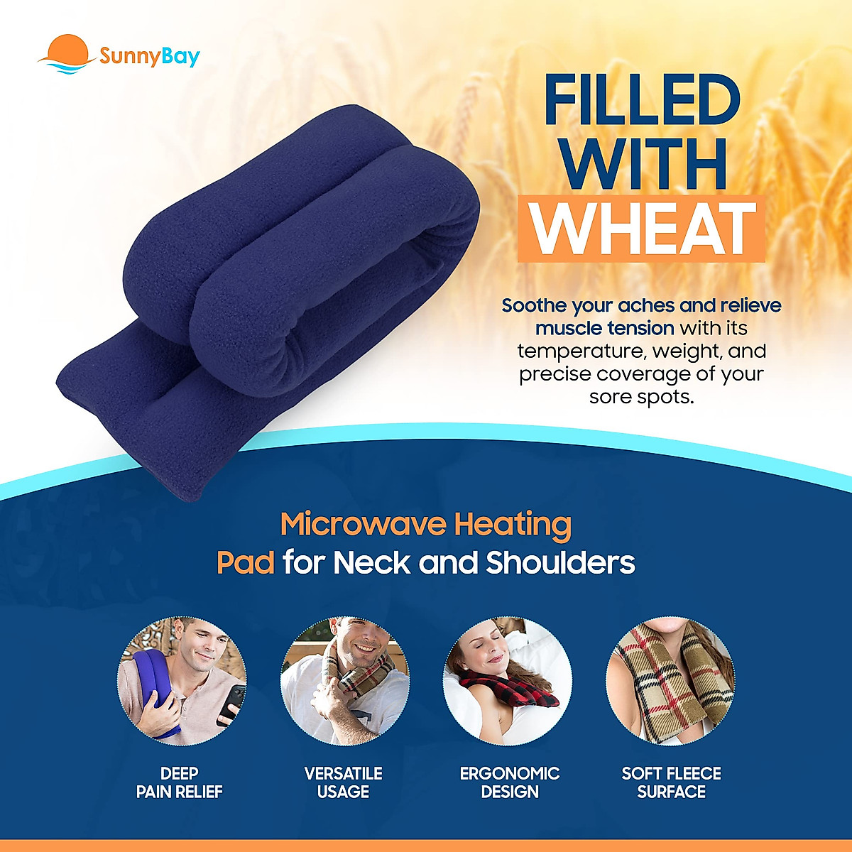 SunnyBay Microwave Heating Pad for Neck and Shoulders, 2.2 lbs 26 inch Long Versatile Microwavable Neck Wrap Warmer or Cool Pack, Hot or Cold Therapy to Relax Sore Muscles (Blue)