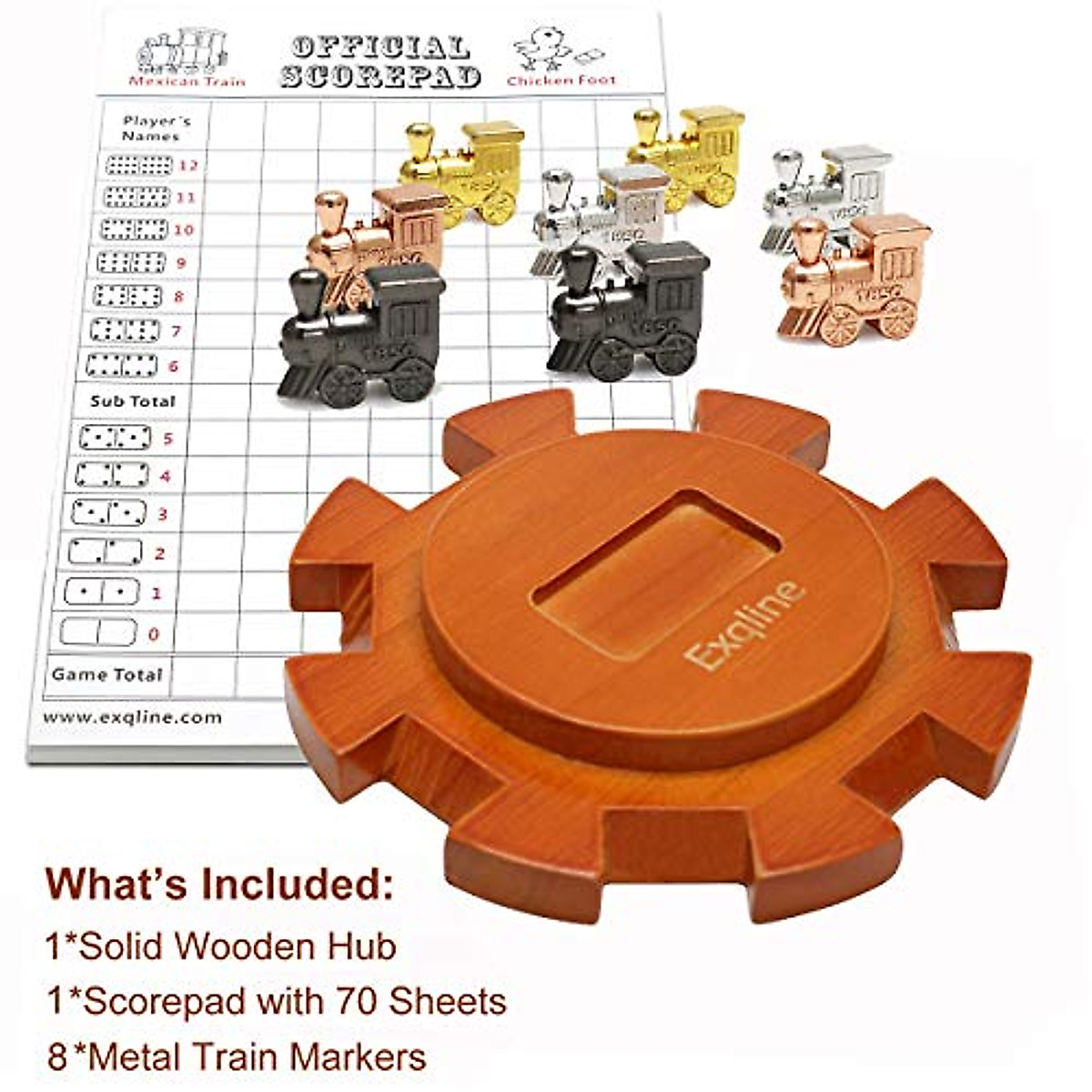 Exqline Mexican Train Dominoes Accessories - with 6.5" Mexican Train Hub Centerpiece, 8 Metal Mexican Train Markers and 70-Sheets Mexican Train Score Pads Great Mexican Train Dominoes Set.