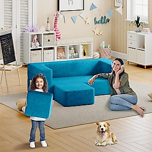 linor Kids Couch, Toddler Couch with Washable and Durable Covers, Modular Kids Sofa Couch, Foldable Loveseat & Two Ottoman, Fold Out Lounger (Navy)