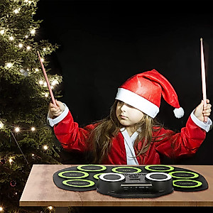 Electronic Drum Set, 9 Drum Pads, Roll up Electric Drum Set with Headphone Jack, Built-in Dual Speaker, Drum Stick, Foot Pedals, Best Gift for Christmas Holiday Birthday