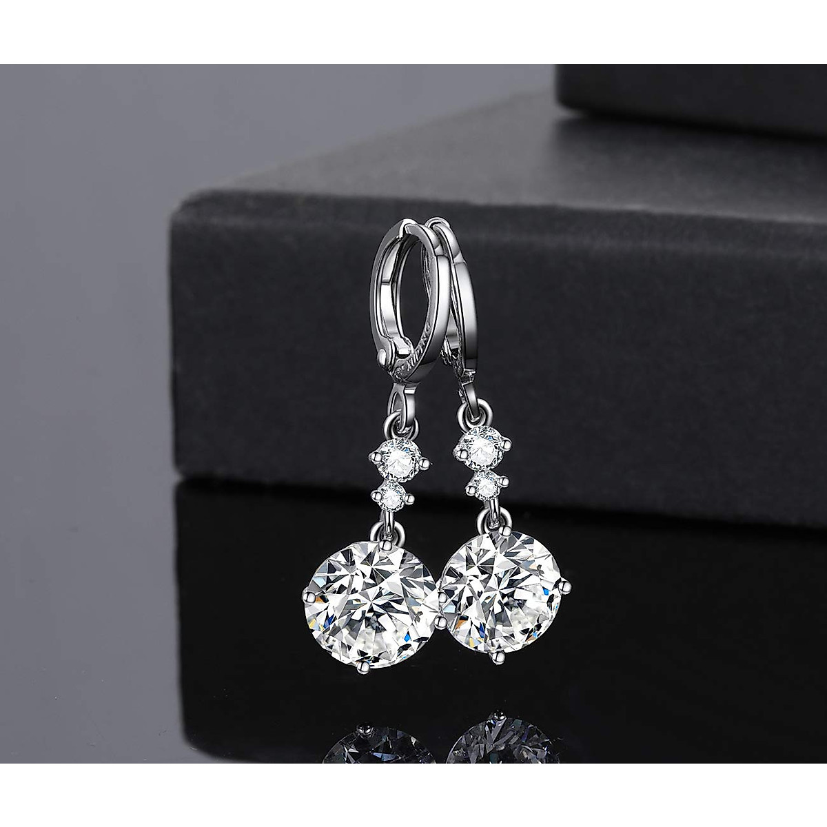 Drop Dangle Earrings Leverback 9MM 2.75ct and 2pcs Small CZ Cubic Zirconia Design 15K White Gold Plated with Hypoallergenic Hoops Gorgeous Gift for Women