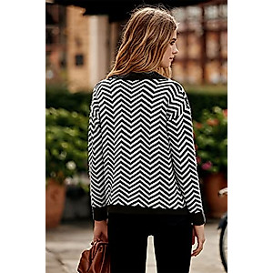 PRETTYGARDEN Women's 2023 Button Down Pullover Sweater Long Sleeve V Neck Open Front Striped Knit Cardigans (White,Medium)