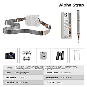 K&F Concept 32mm Camera Neck Strap for Photographers Camera Strap Quick Release Clip Adjustable Sling Strap Compatible for Nikon Canon Sony Olympus DSLR Camera Grey