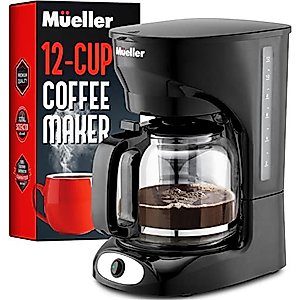 Mueller 12-Cup Drip Coffee Maker with Permanent Filter and Borosilicate Glass Carafe, Auto Keep Warm Function, Clear Water Level Window Coffee Machine