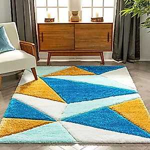 Well Woven San Francisco Venice Blue Modern Geometric 3D Textured Thick and Soft Shag 5'3" x 7'3" Area Rug