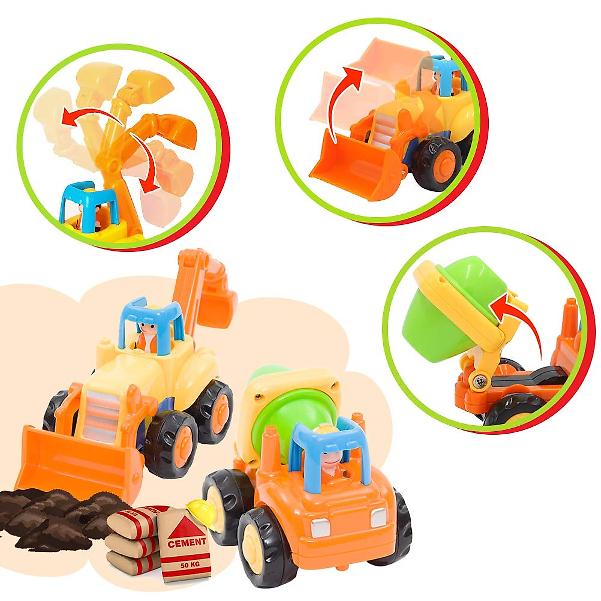 Baby Toy Car Toddler Early Education Construction Vehicles Toys Push and Go Friction Powered Cars Set Tractor Bulldozer Dumper Cement Mixer Engineering Vehicles for 18 Months and Above Boys Girls
