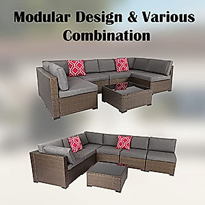 kinbor Outdoor Patio Furniture Set - 7 Pieces Outdoor Sectional Sofa, PE Rattan Wicker Patio Couch, Conversation Set with Coffee Table, Cushions for Porch, Backyard, Pool, Deck, Dark Grey