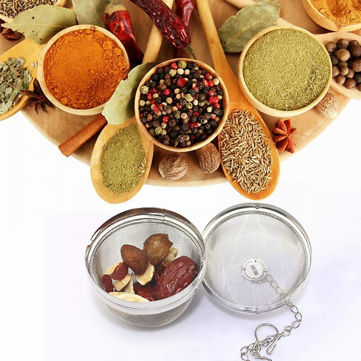 Stainless Steel 3 Inch Twist-Lock Spice Ball Chained Lid Sphere Mesh Tea Strainer Herb Spice Filter
