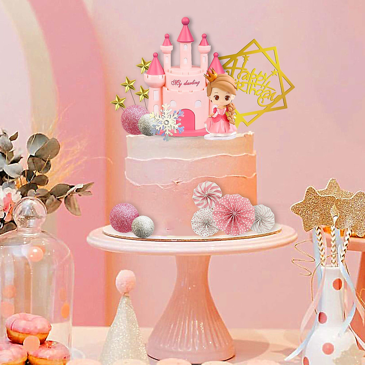 19PCS Princess Cake Topper Castle Cake Decoration for Girl with Snowflake and Stars for Girl Kid Happy Birthday Party Decorations Princess Baby Shower Supplies (Pink)