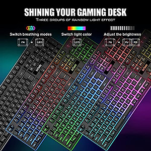 RedThunder K10 Wireless Gaming Keyboard and Mouse Combo, LED Backlit Rechargeable 3800mAh Battery, Mechanical Feel Anti-ghosting Keyboard + 7D 3200DPI Mice for PC Gamer (Black)