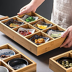 Cabilock Divided Bamboo Tray with 6 Dining Grids Food Serving Plate Fruit Box Dish Vegetable Containers Dessert Storage Bin Organizing for Home Restaurant Hotel