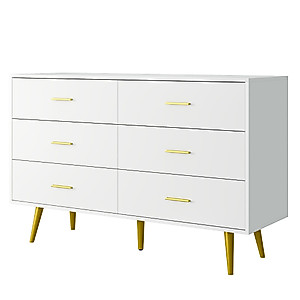 White Dresser for Bedroom, 6 Drawer Wood Dresser with Golden Handles, Modern Dressers & Chests of Storage Drawer for Entryway Hallway