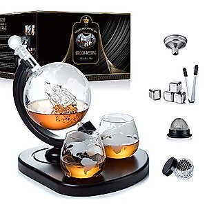 Whiskey Decanter Set,Globe Decanter,Whiskey Gifts for Men Husband Him Boyfriend Dad Women,with 2 Glasses,Beads,4 Ice Cubes,Tong & Funnel,Beverage Drink Dispenser,for Whisky,Liquor,Wine,Brandy,Cognac