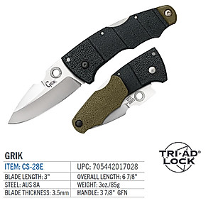 COLD STEEL Grik 3" AUS8A Spear Point Razor-Sharp Blade 3.875" GFN Handle Everyday Carry Versatile Pocket Folding Knife w/Tri-Ad Lock